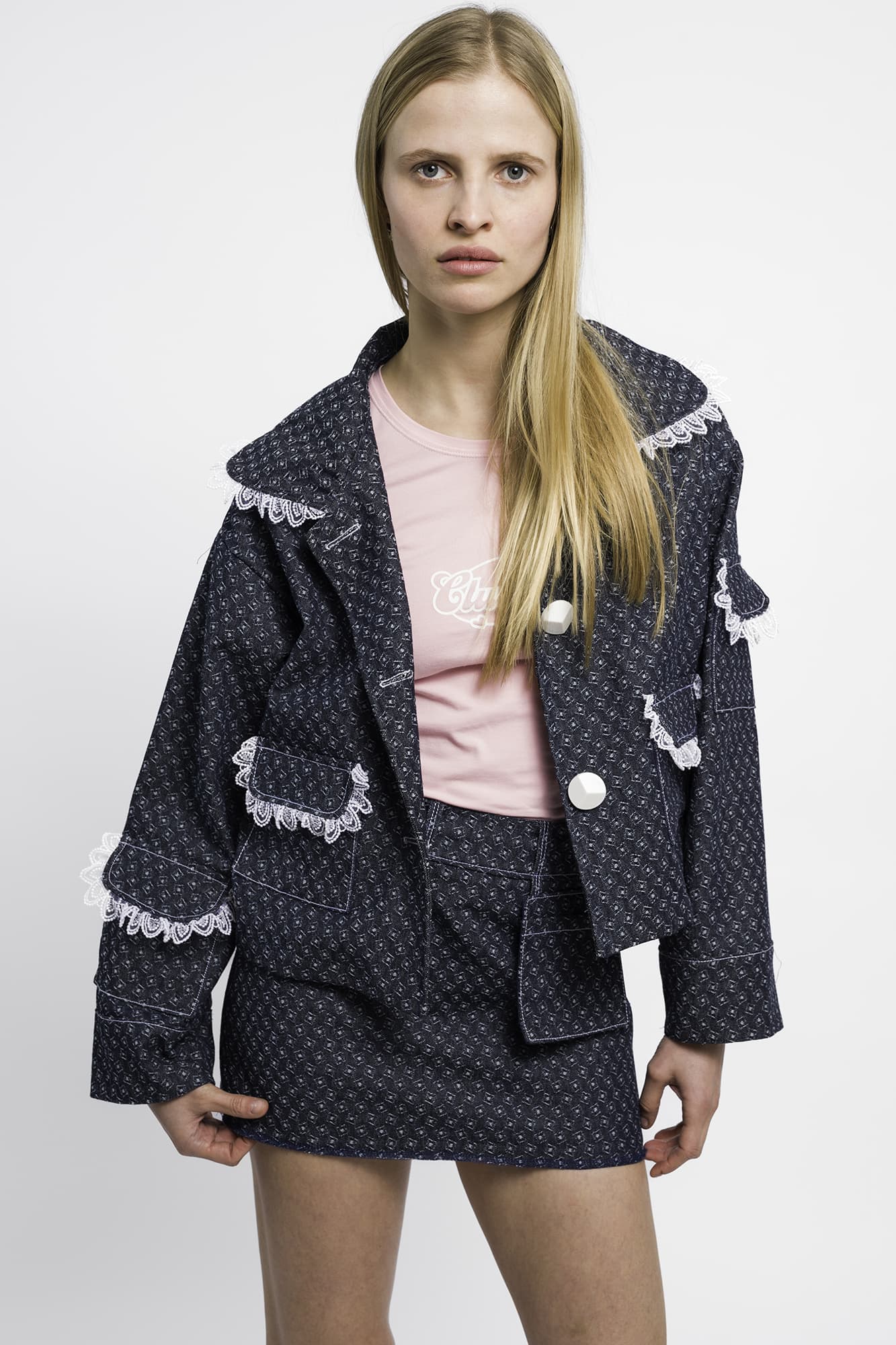 RUNWAY LOOK 33 – Printed denim jacket with collar Calais lace details ...
